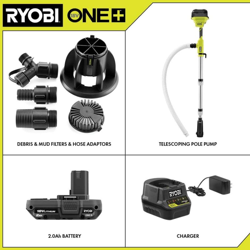 RYOBI ONE+ 18V Cordless 1/6 HP Telescoping Pole Pump with 2.0 Ah ...