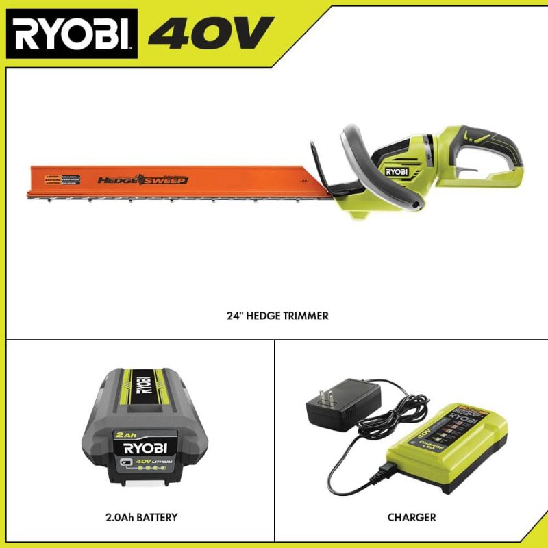 RYOBI 40V 24 in. Cordless Battery Hedge Trimmer with 2.0 Ah Battery and ...
